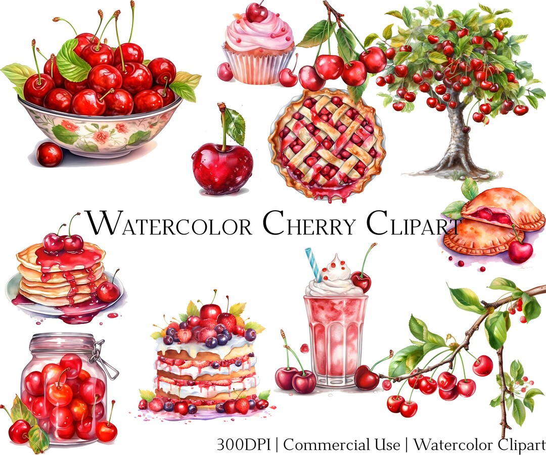 Watercolor Cherry Clipart Set: Food & Dessert Designs (PNG + PDF ...