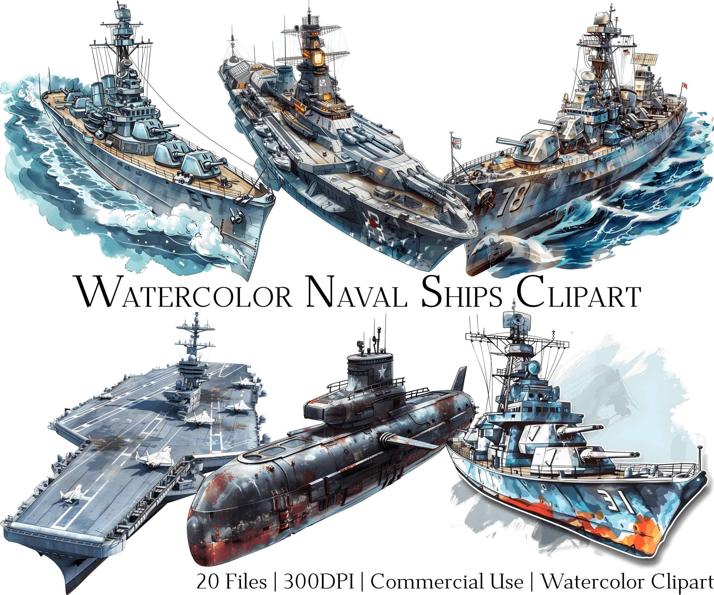 Watercolor Naval Ships Clipart Set of 20 Files With Instant Download ...