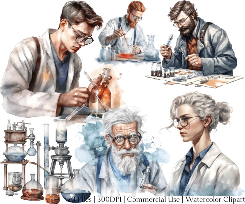 Watercolor Scientist Clipart Set of 20 Files With Instant Download ...
