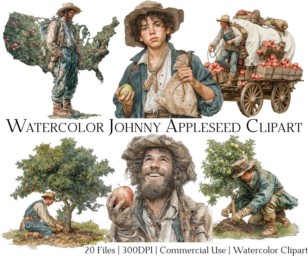Watercolor Johnny Appleseed Clipart Set of 20 Files With Instant ...