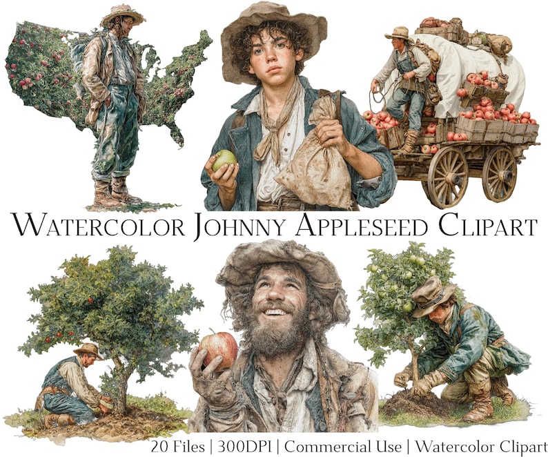 Watercolor Johnny Appleseed Clipart Set: Commercial Use PNG & PDF ...