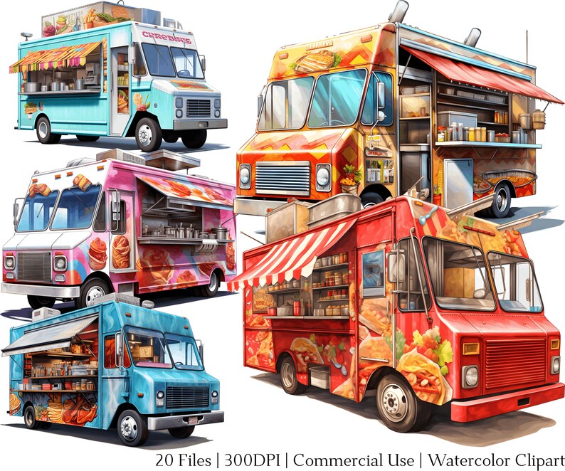 Watercolor Food Trucks Clipart Set: Commercial Use (PNG + PDF) - Etsy
