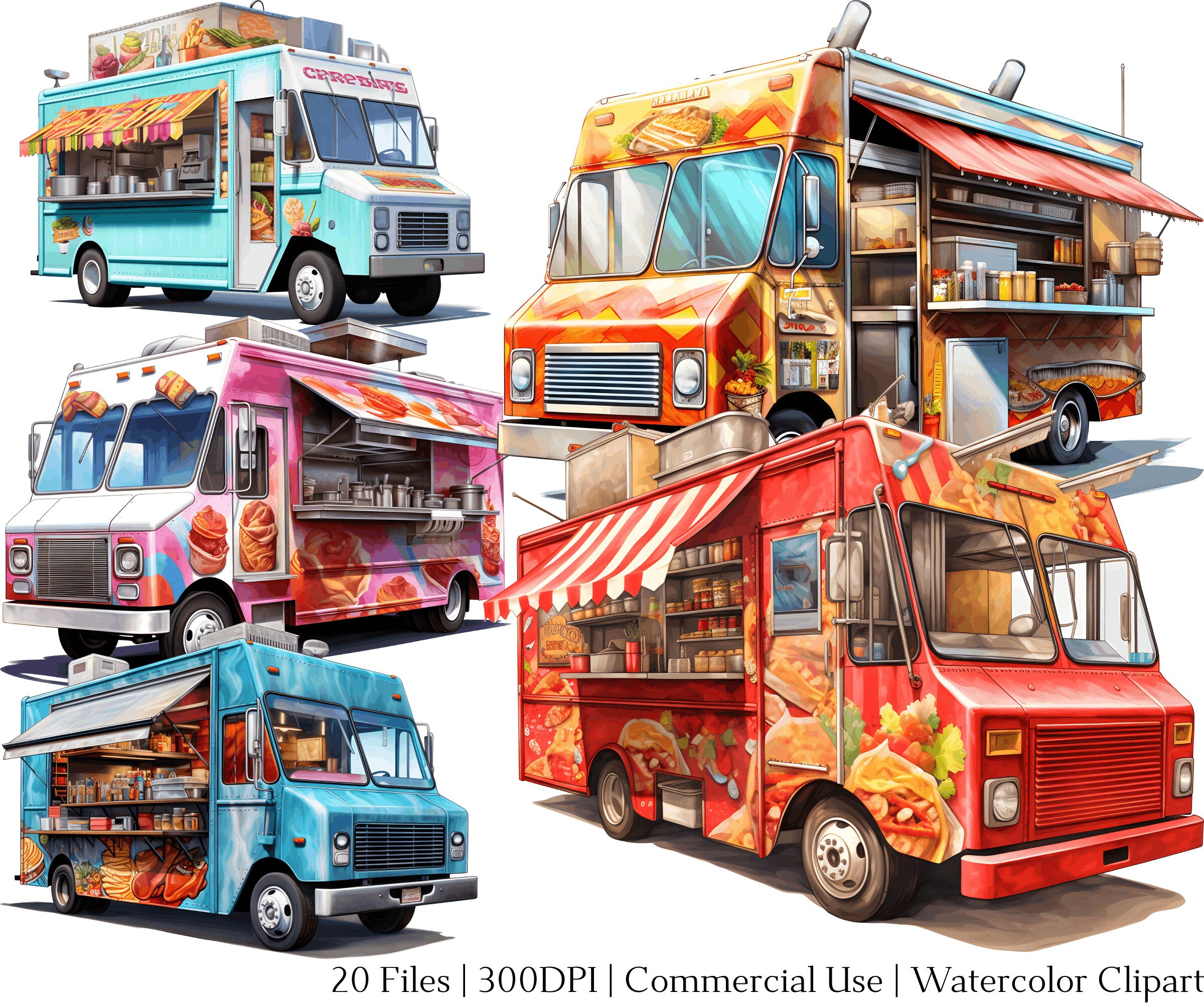 Watercolor Food Trucks Clipart Set of 20 Files With Instant Download ...