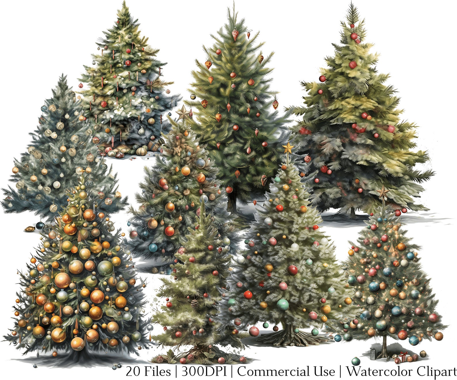 Watercolor Christmas Trees Clipart Set of 20 Files With Instant ...