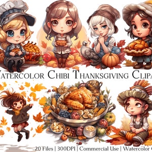 Watercolor Chibi Thanksgiving Clipart Set: 20 PNG & PDF Files ...