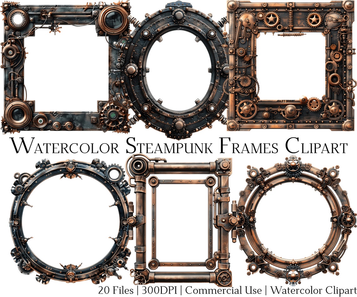 Watercolor Steampunk Frames Clipart: 20 PNG & PDF Files - Etsy
