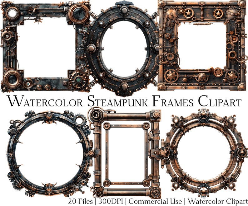 Watercolor Steampunk Frames Clipart: 20 PNG & PDF Files - Etsy