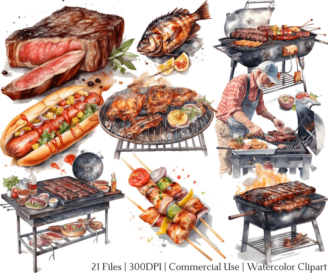 Watercolor Outdoor Barbecue Clipart Set of 21 Files With Instant ...
