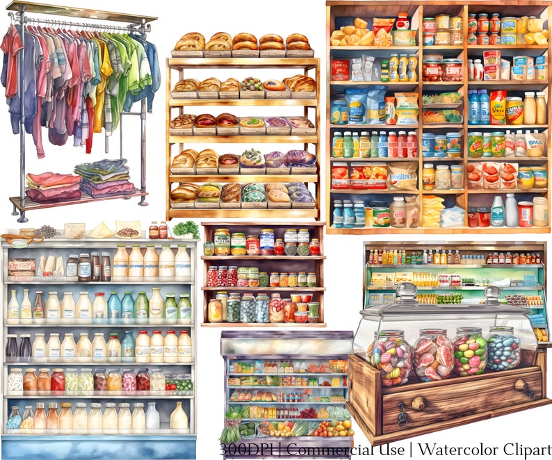 Watercolor Grocery Store Clipart: 25 PNG & PDF Files (commercial Use ...