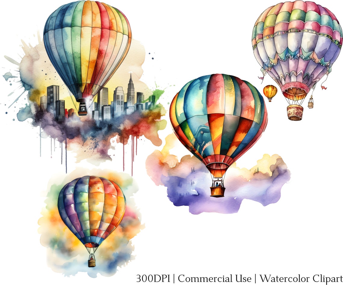 Watercolor Hot Air Balloon Clipart Set: Whimsical PNG & PDF (digital ...