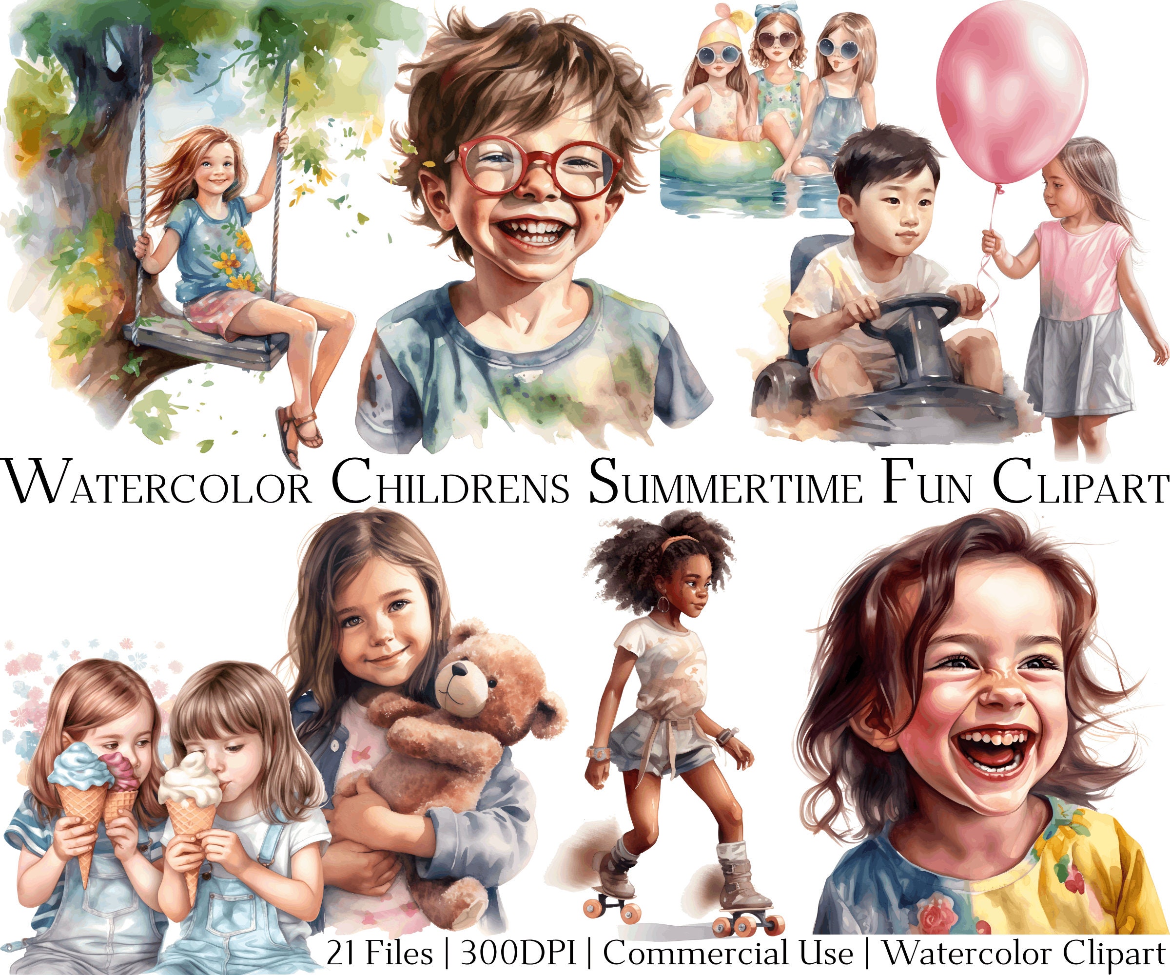 Watercolor Childrens Summertime Fun Clipart Set of 21 Files - Etsy