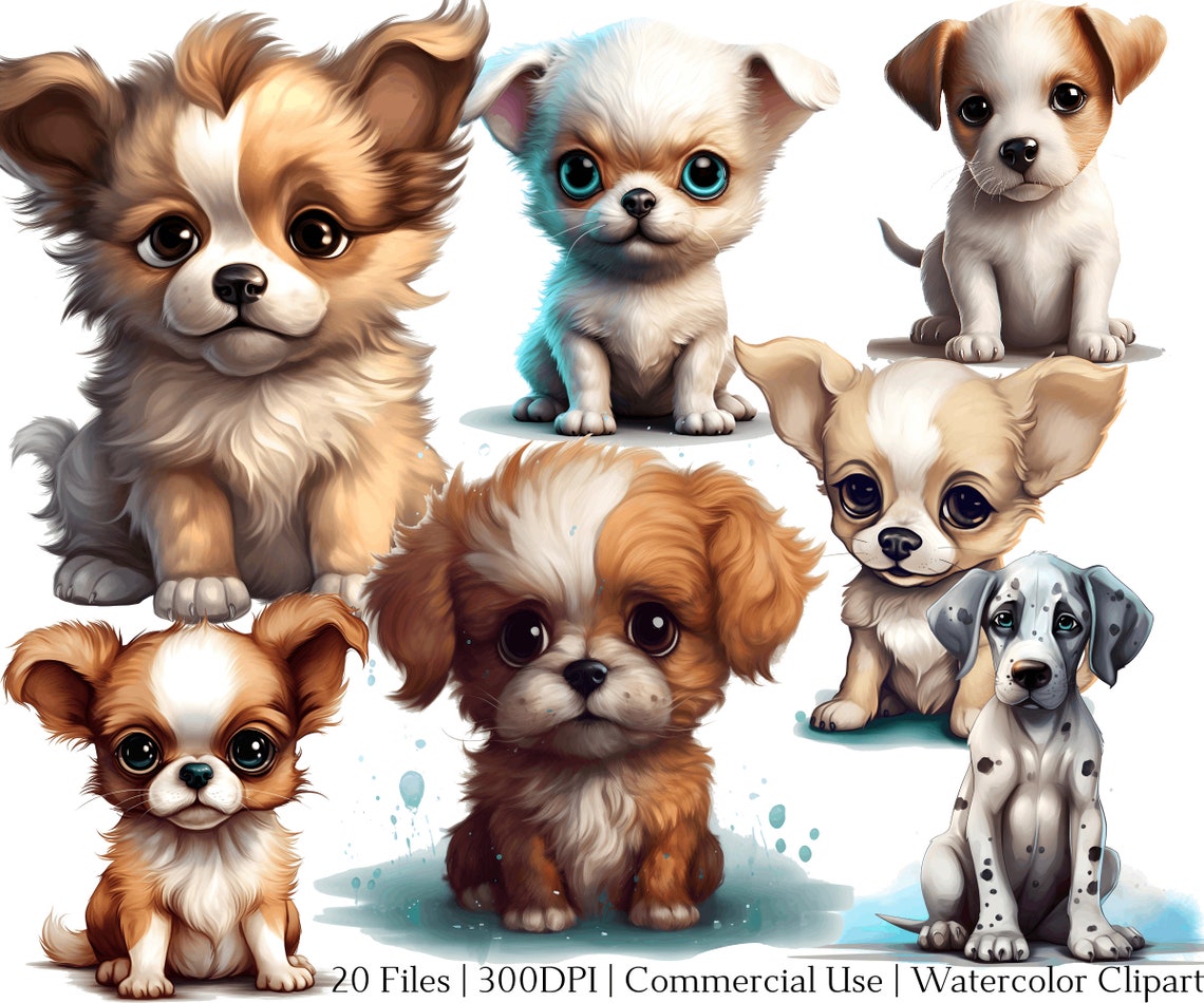Watercolor Cute Chibi Dogs Clipart Set of 20 Files With Instant ...