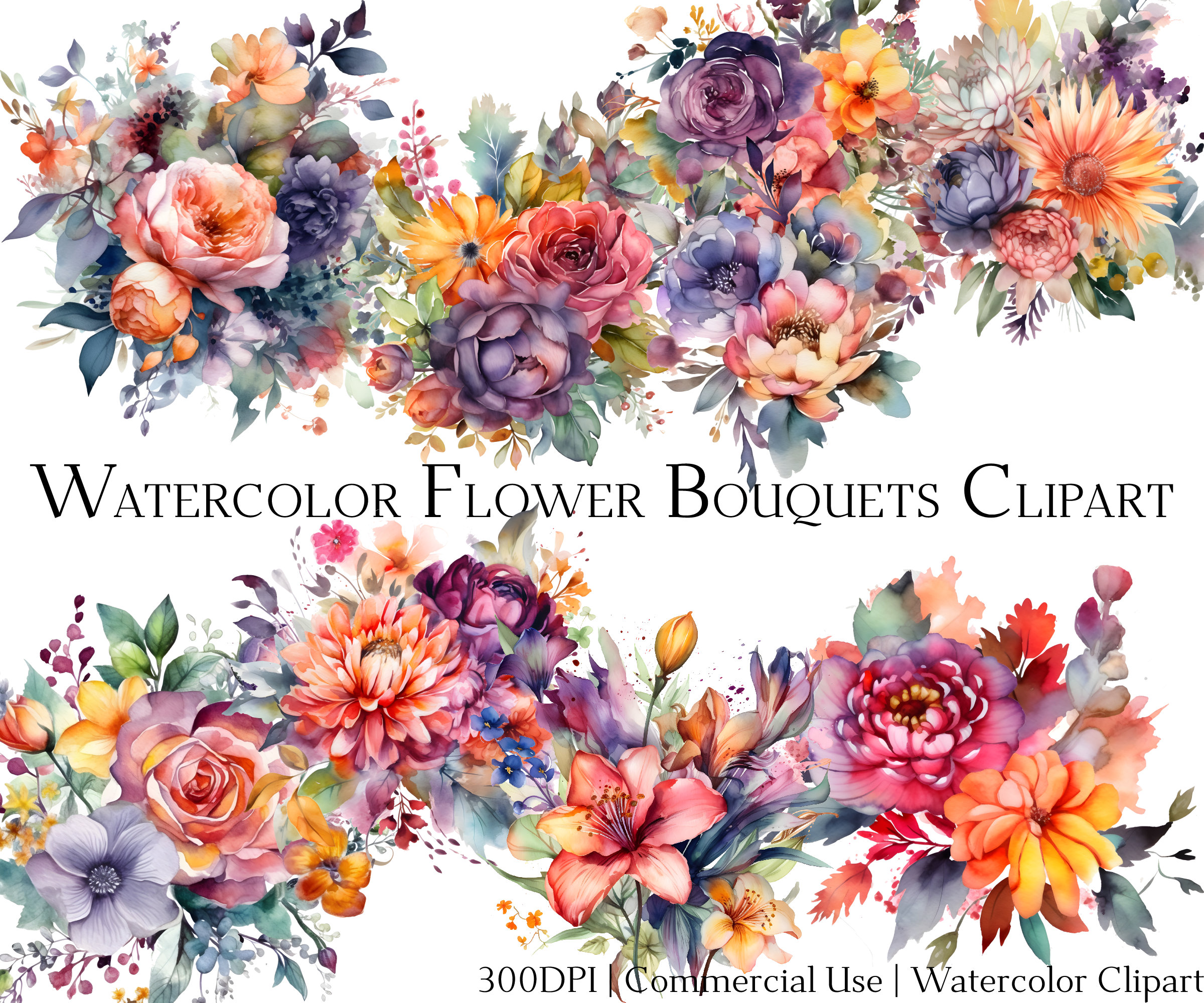 Watercolor Flower Bouquet Clipart Set of 20 Files With Instant Download ...