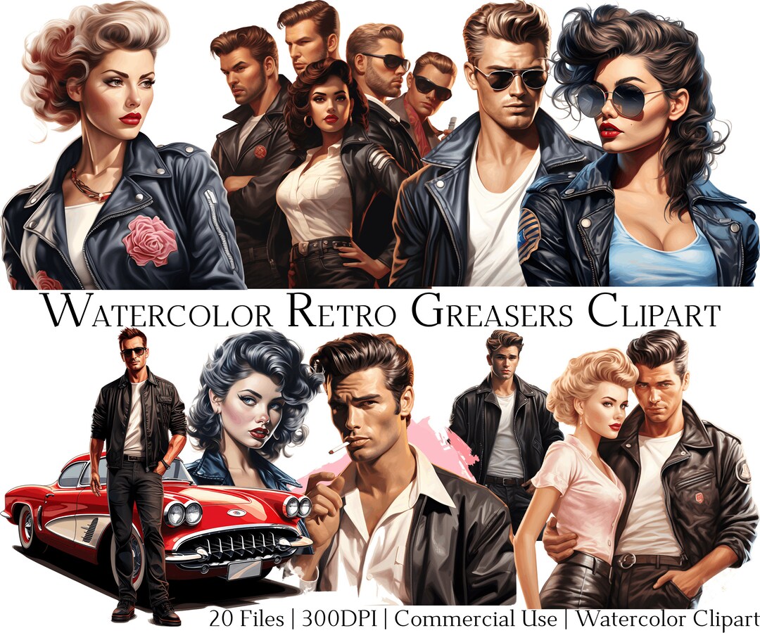 Watercolor Retro Greasers Clipart Set of 20 Files With Instant Download ...