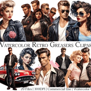 Watercolor Retro Greasers Clipart Set of 20 Files With Instant Download ...