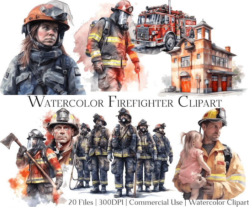 Watercolor Firefighter Clipart Set of 20 Files With Instant Download ...