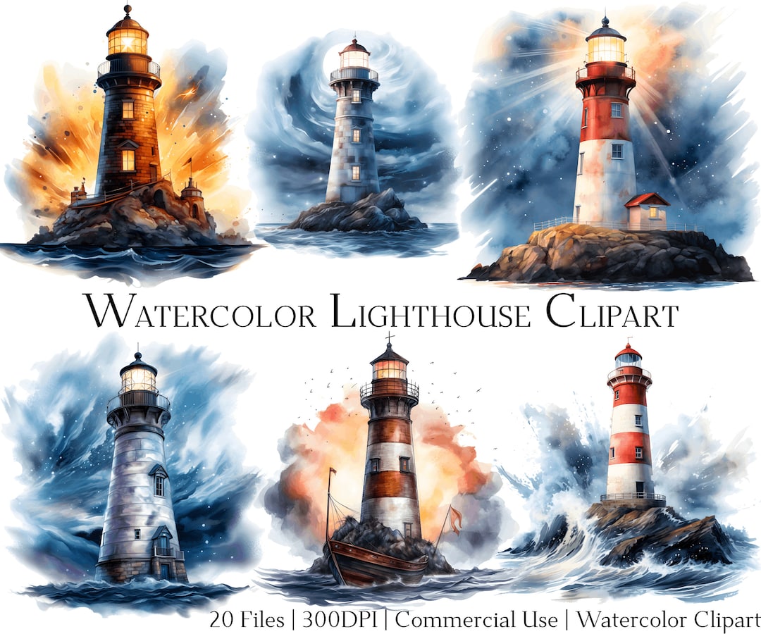 Watercolor Lighthouse Clipart Set: Coastal Maritime Designs (PNG + PDF ...