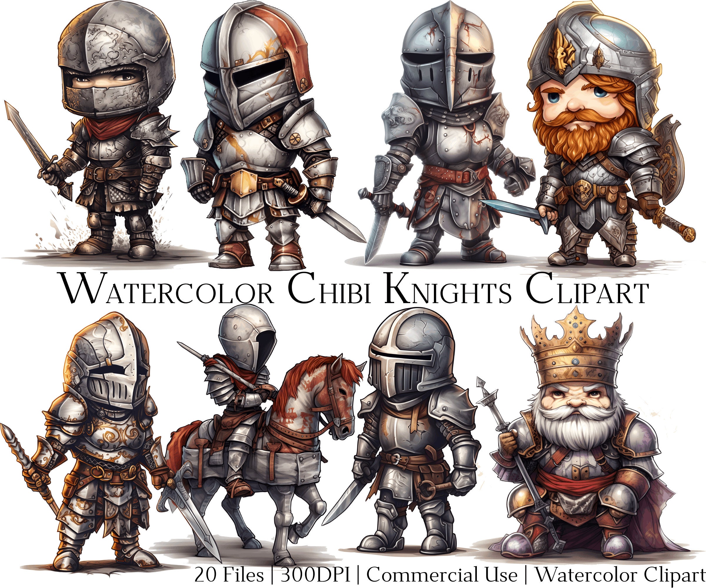 Watercolor Chibi Knights Clipart Set of 20 Files With Instant Download ...