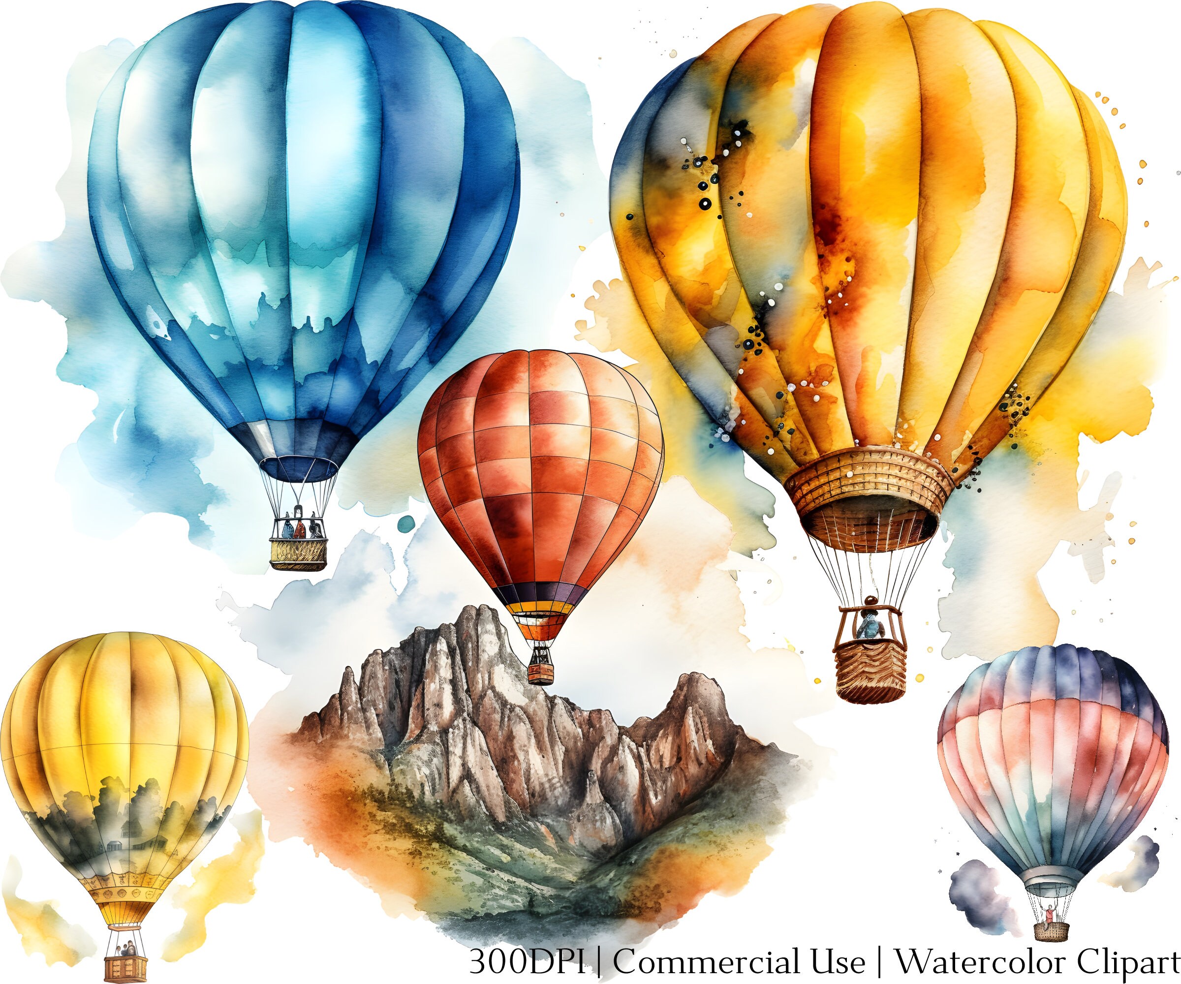 Watercolor Hot Air Balloon Clipart Set of 20 Files With Instant ...