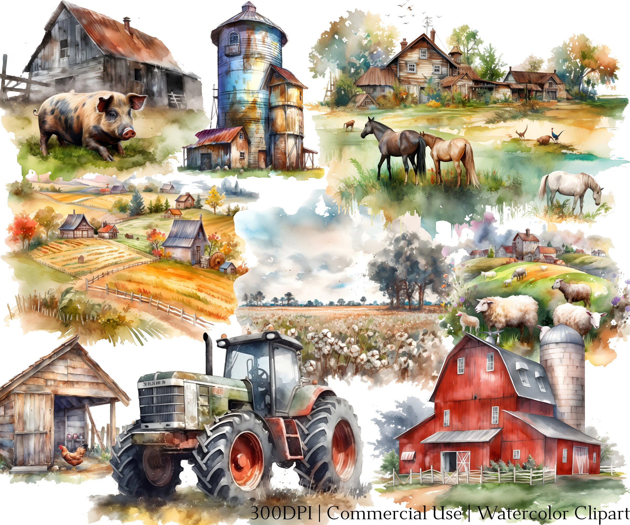 Watercolor Farm Scenery Clipart Set of 20 Files With Instant Download ...