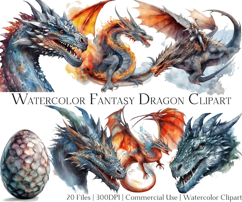 Watercolor Fantasy Dragon Clipart Set of 20 Files With Instant Download ...