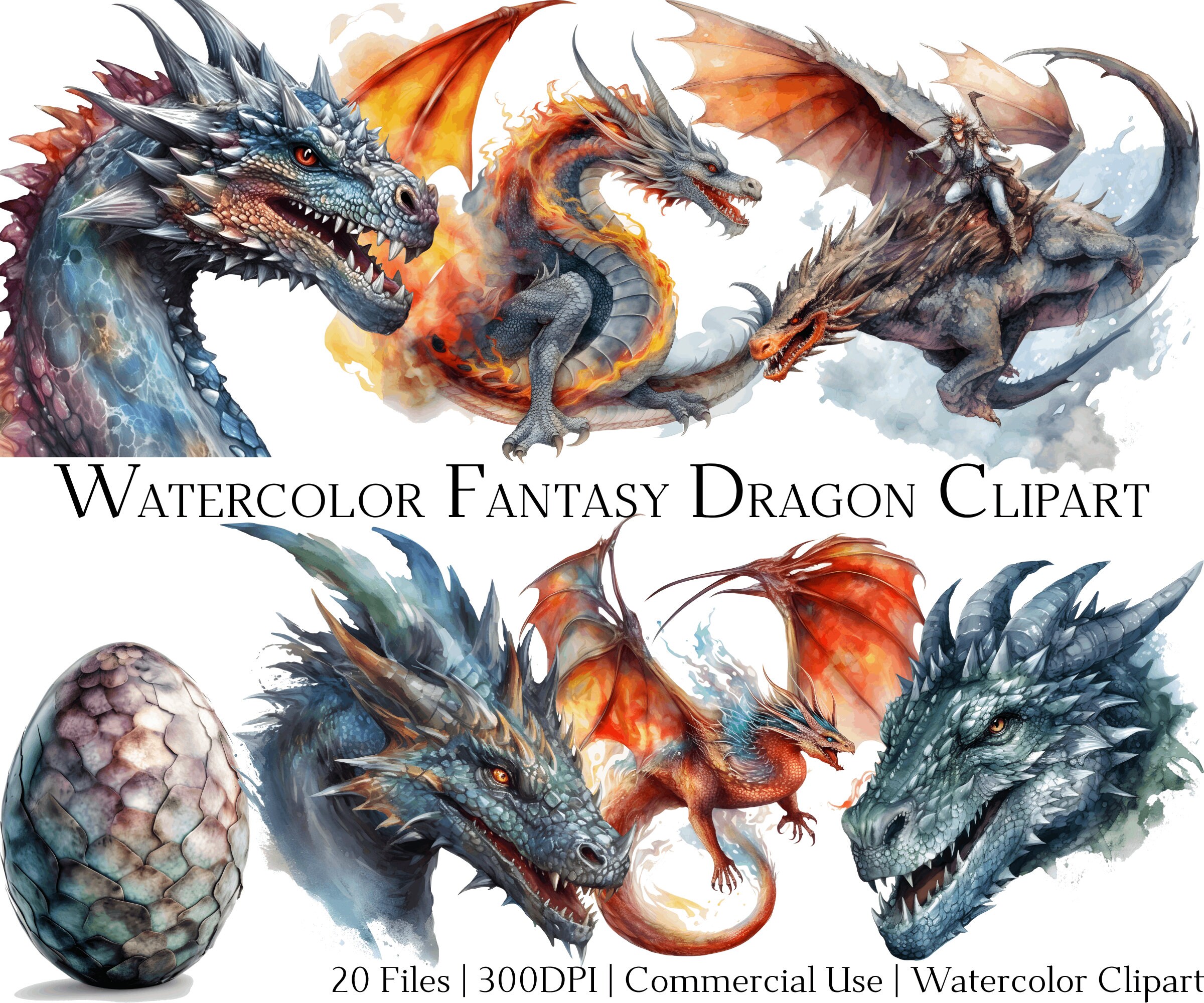 Watercolor Fantasy Dragon Clipart Set: PNG & PDF (digital Download) - Etsy