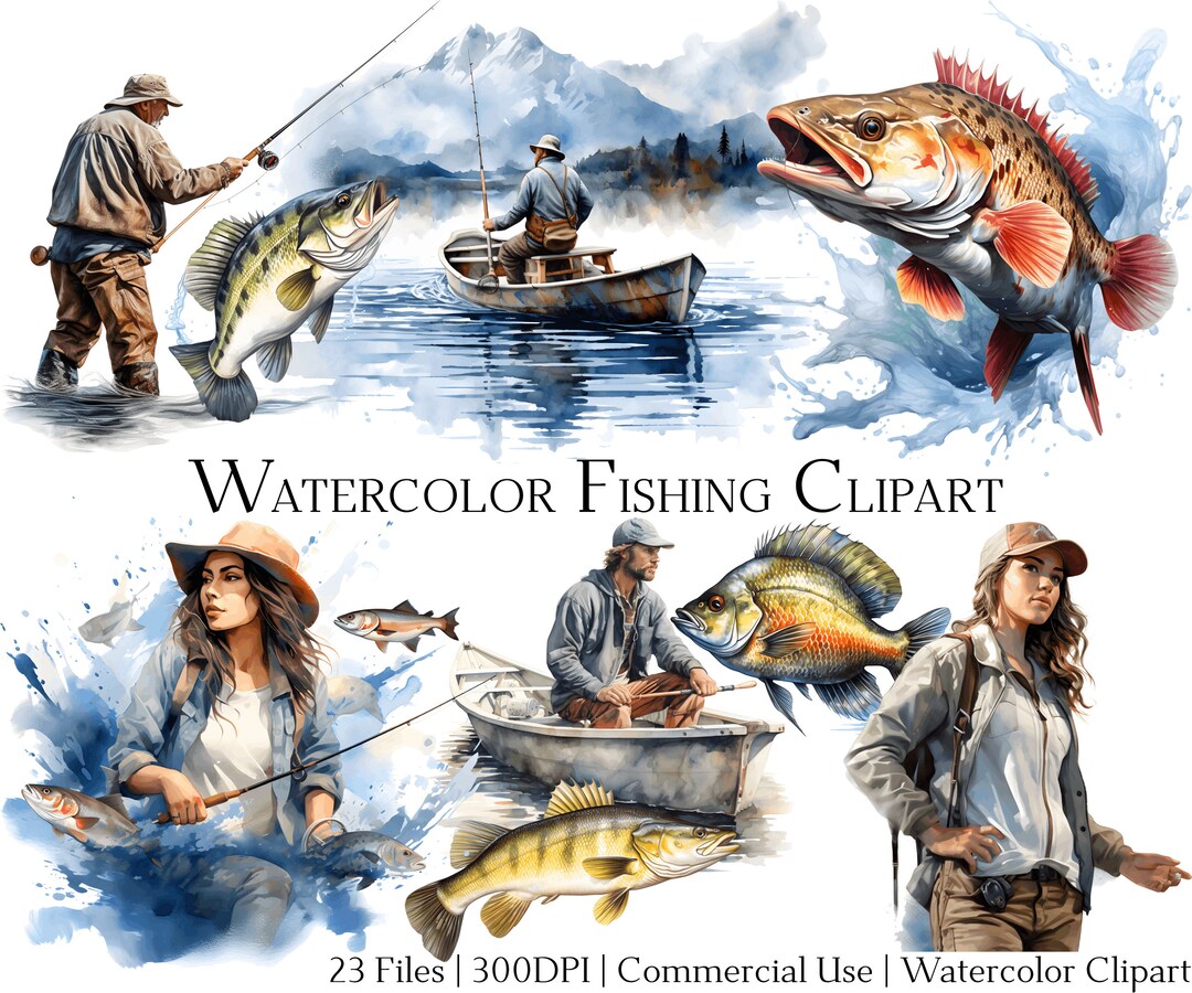 Watercolor Fishing Clipart Set of 23 Files With Instant Download ...