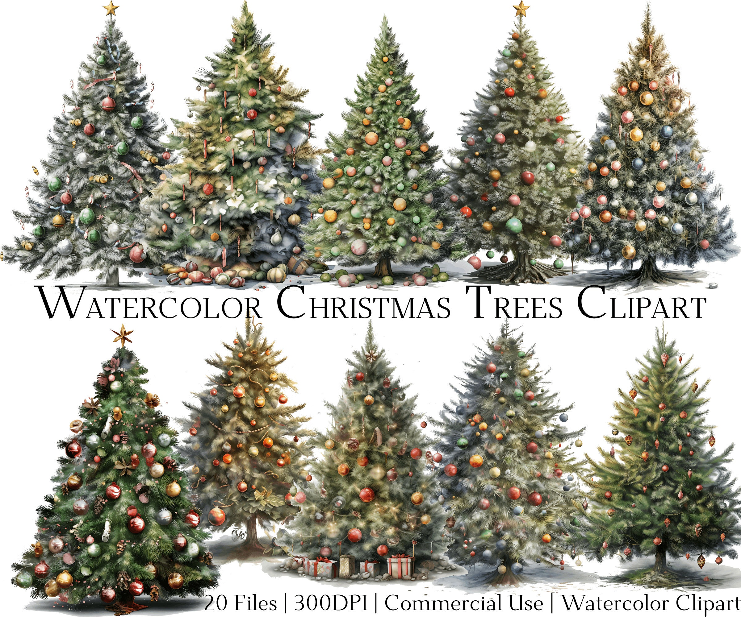 Watercolor Christmas Trees Clipart Set of 20 Files With Instant ...