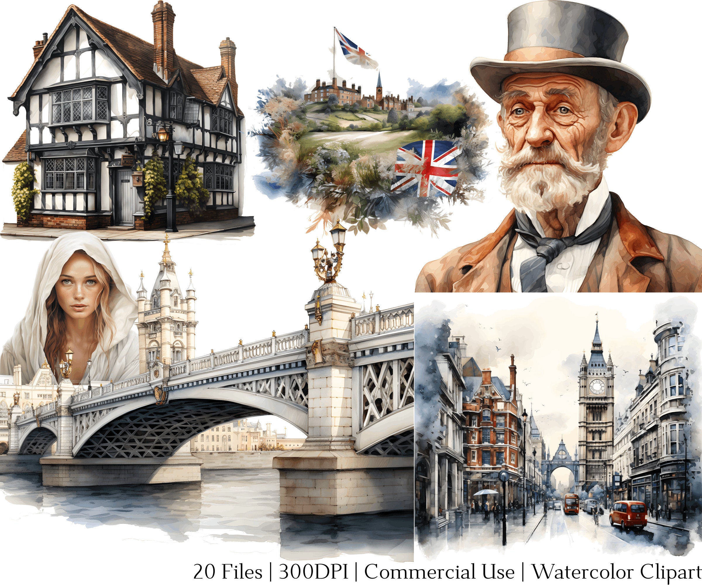 Watercolor England Clipart Set of 20 Files With Instant Download ...