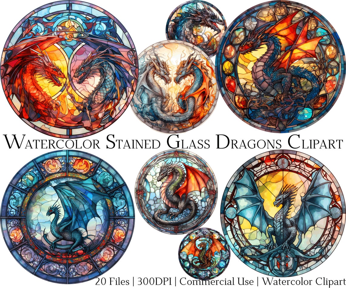 Watercolor Stained Glass Dragon Clipart Set of 20 Files With Instant ...