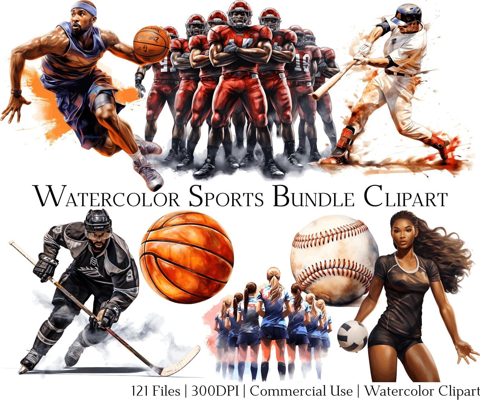 Watercolor Sports Bundle Clipart Set of 121 Files With Instant Download ...