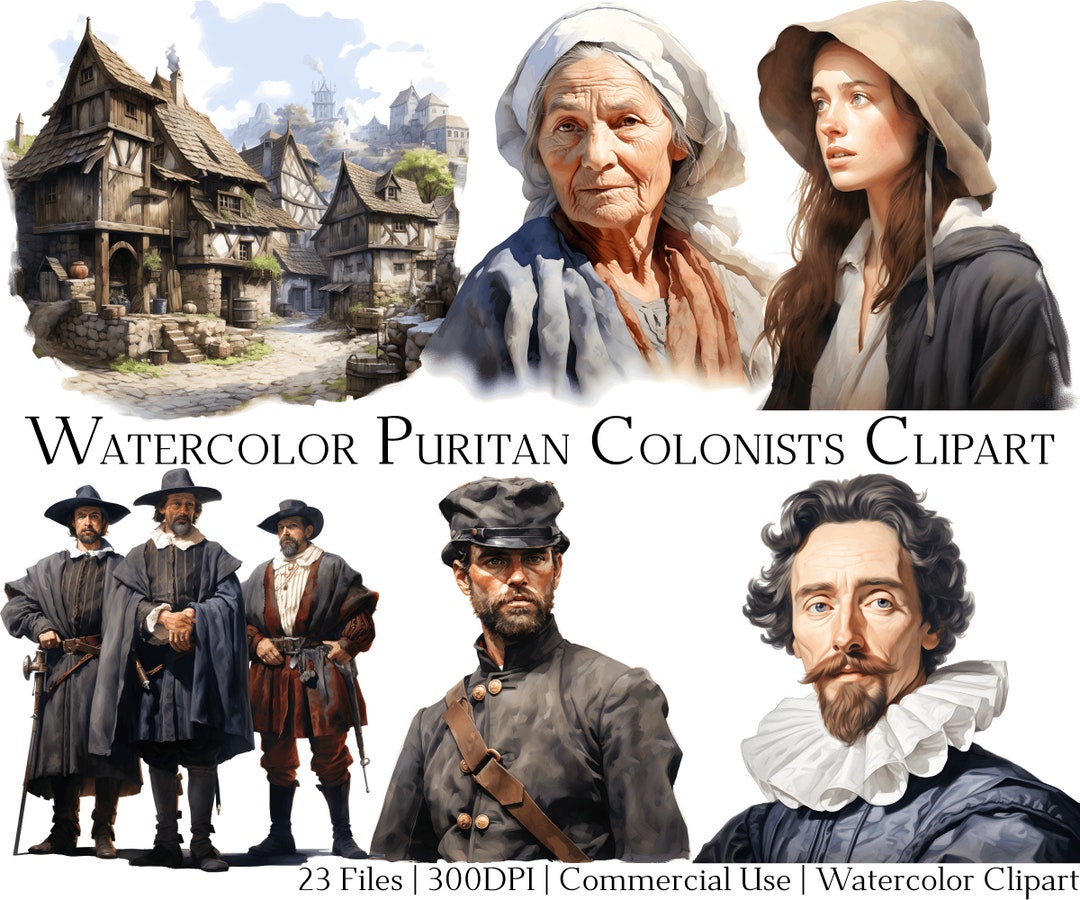 Watercolor Puritan Colonists Clipart: Vintage American History (PNG ...