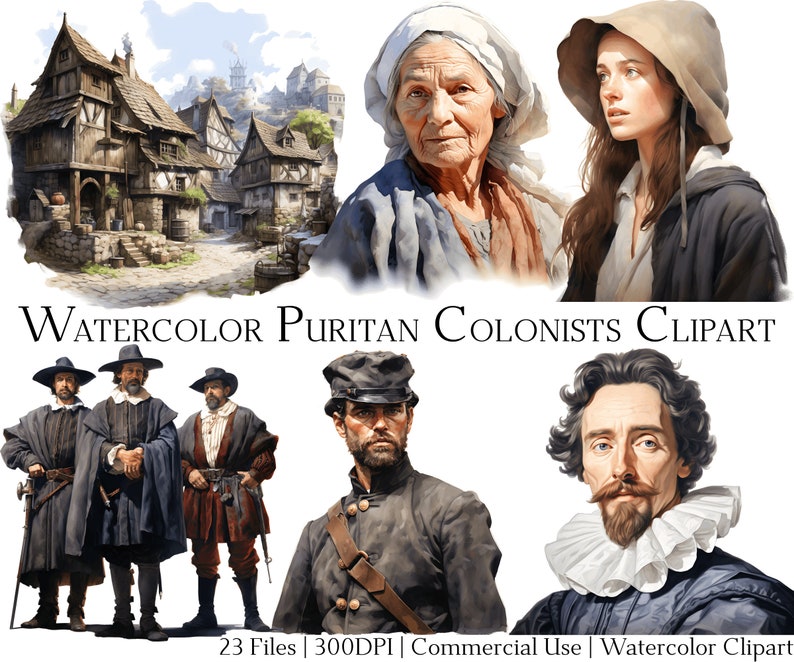 Watercolor Puritan Colonists Clipart: Vintage American History (PNG ...