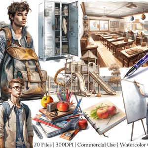 Watercolor Back to School Clipart Set of 20 Files With Instant Download ...