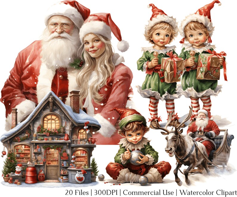 Watercolor Santa's Workshop Clipart Set: 20 PNG & PDF Files (digital ...