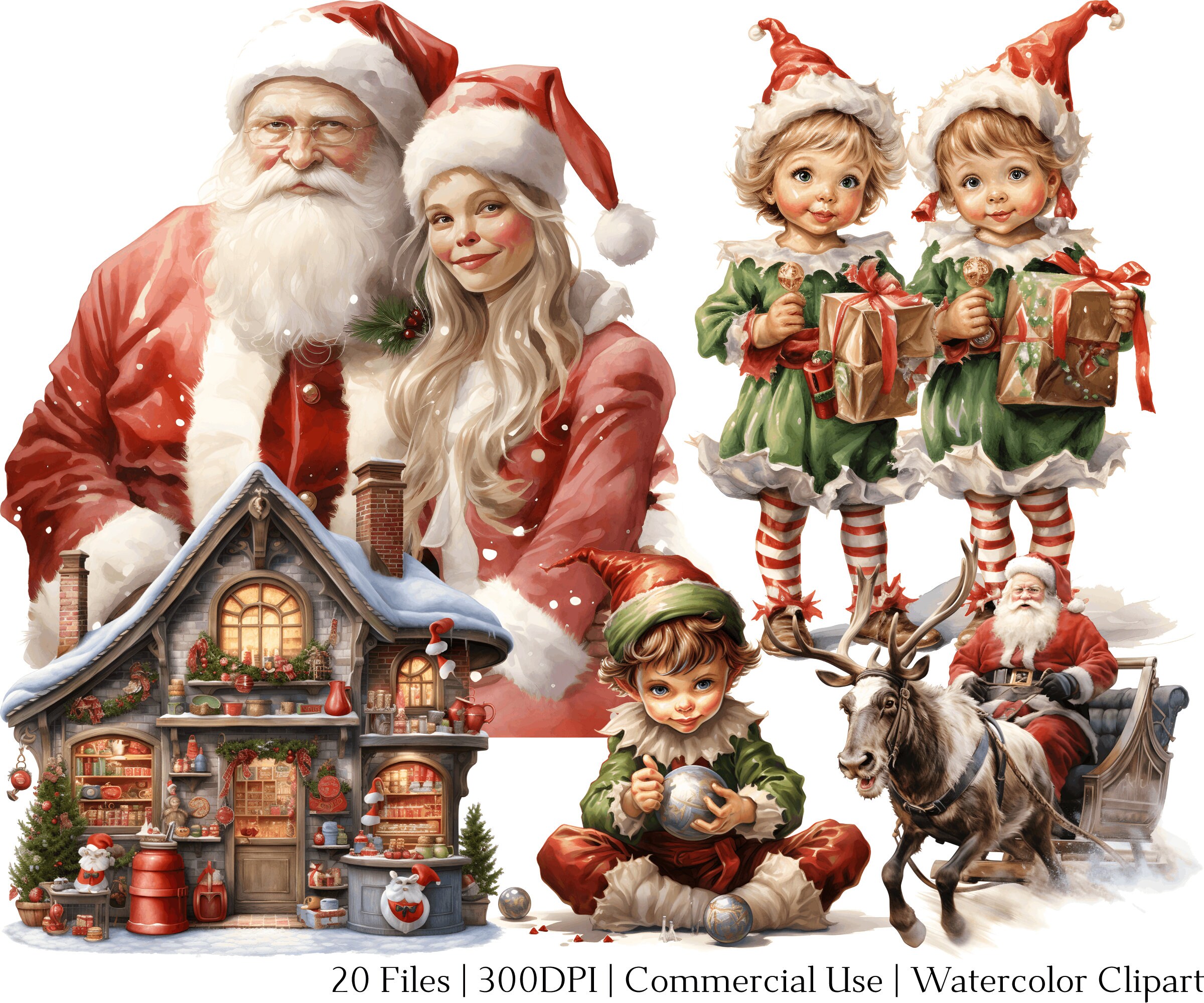 Watercolor Santa's Workshop Clipart Set: 20 PNG & PDF Files (digital ...