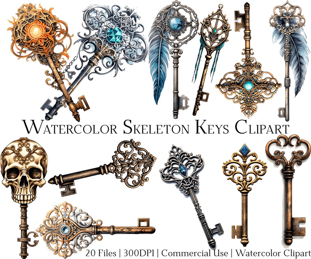 Watercolor Skeleton Keys Clipart Set of 20 Files With Instant Download ...