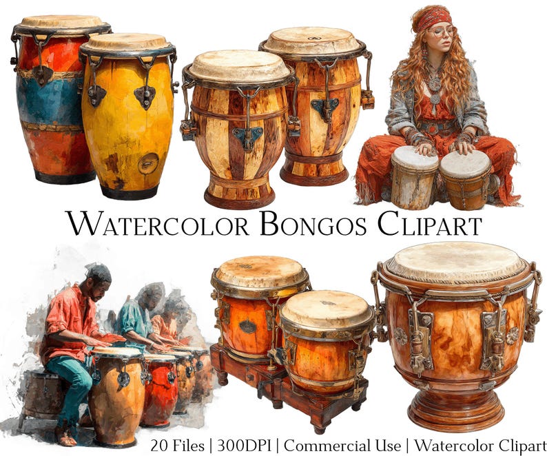 Watercolor Bongos Clipart Set: Commercial Use PNG & PDF (digital ...