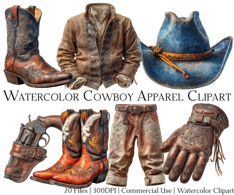 Watercolor Cowboy Clipart Set: Commercial Use PNG & PDF (digital ...