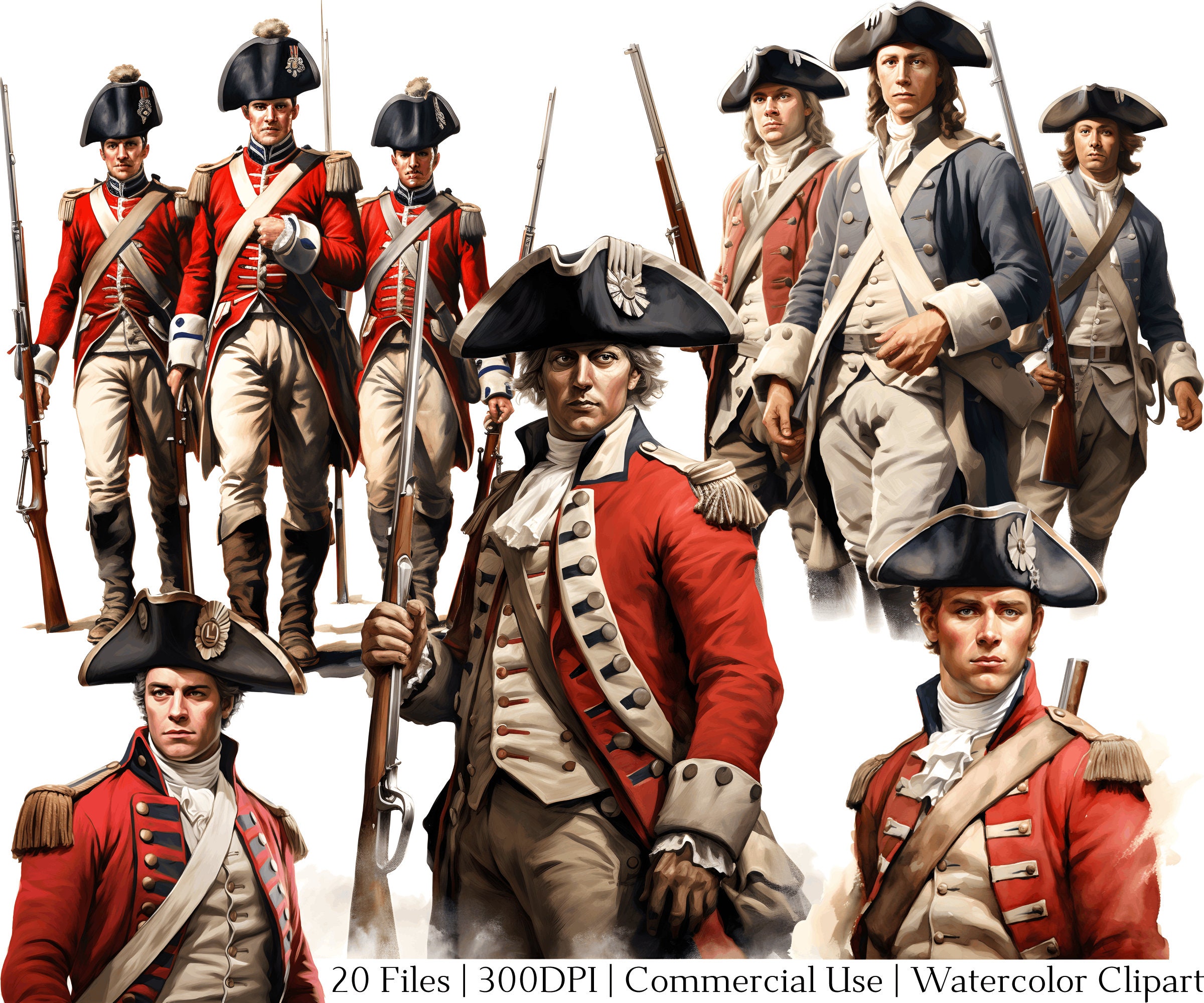 Watercolor American Revolution Clipart: Patriots & Redcoats (PNG + PDF ...
