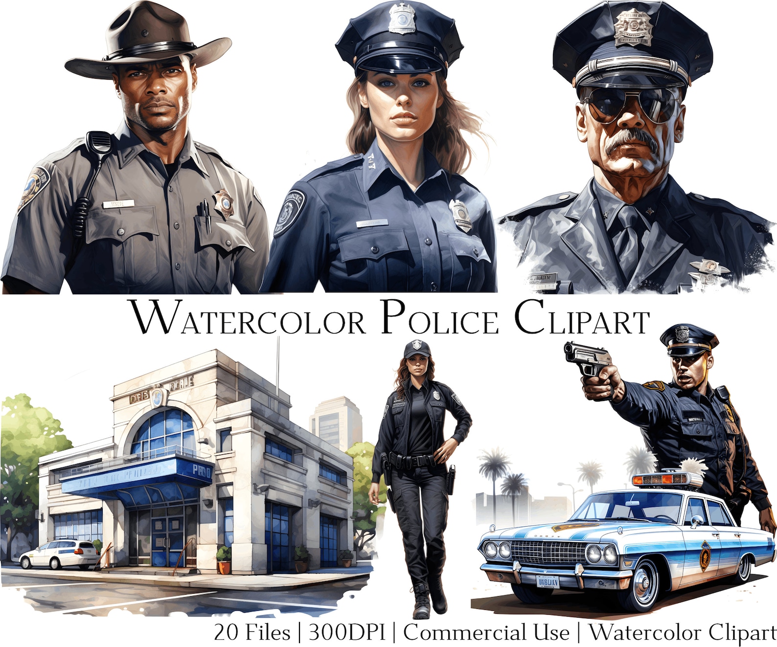 Watercolor Police Clipart Set of 20 Files With Instant Download ...