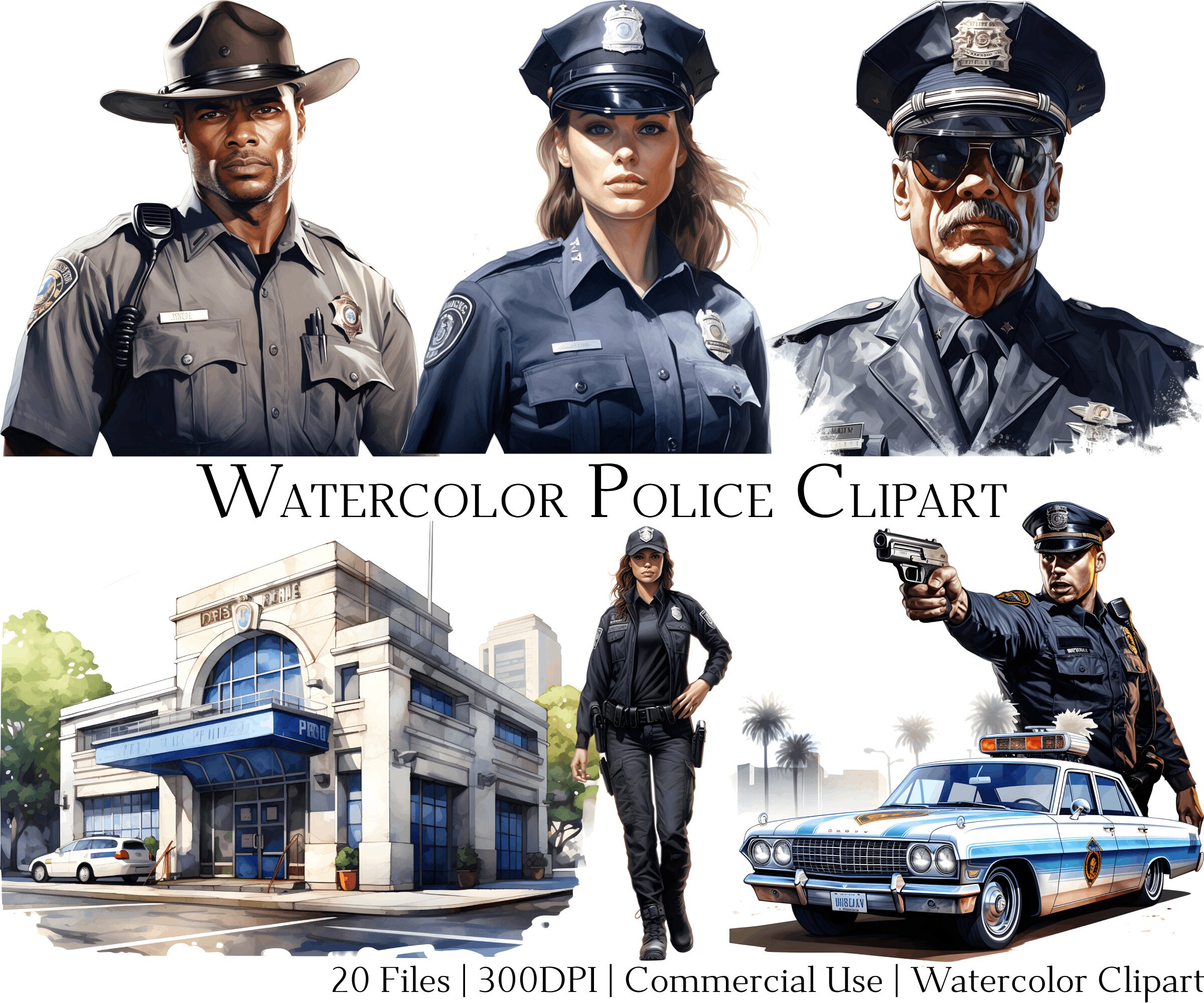 Watercolor Police Clipart Set of 20 Files With Instant Download ...