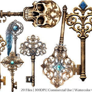 Watercolor Skeleton Keys Clipart Set of 20 Files With Instant Download ...