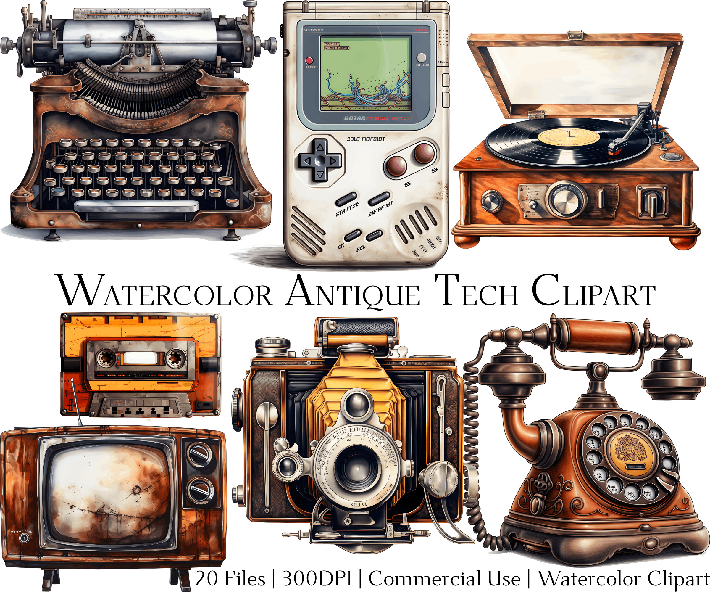 Watercolor Antique Technology Clipart Set of 20 Files With Instant ...
