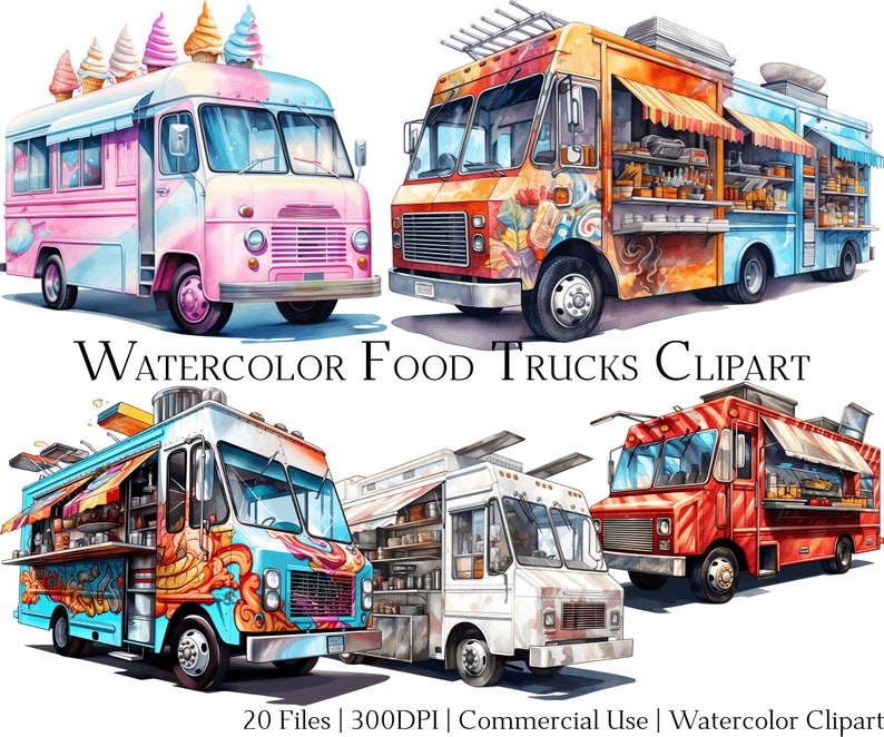 Watercolor Food Trucks Clipart Set: Commercial Use (PNG + PDF) - Etsy