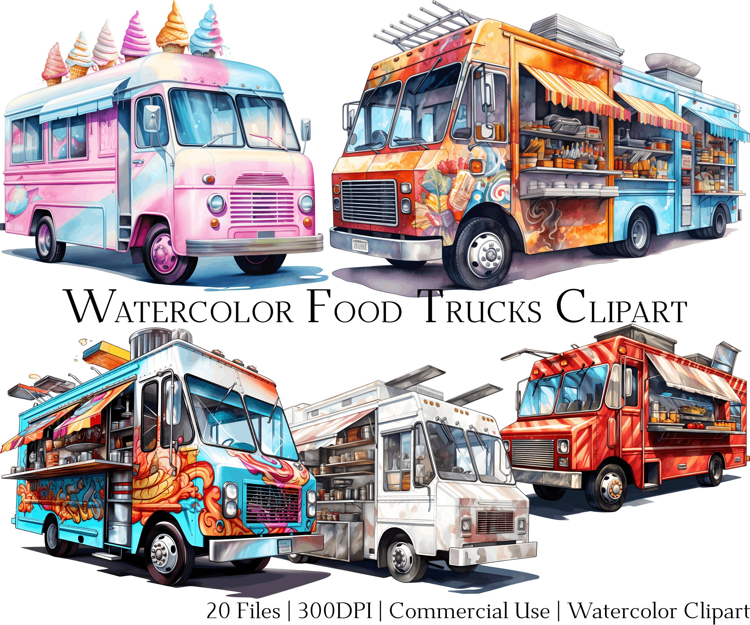 Watercolor Food Trucks Clipart Set of 20 Files With Instant Download ...