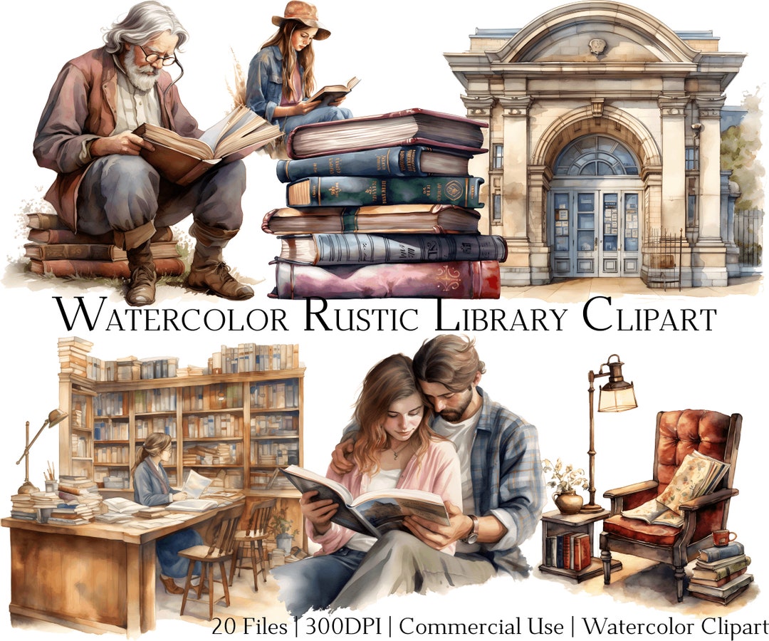 Watercolor Rustic Library Clipart Set of 20 Files With Instant Download ...