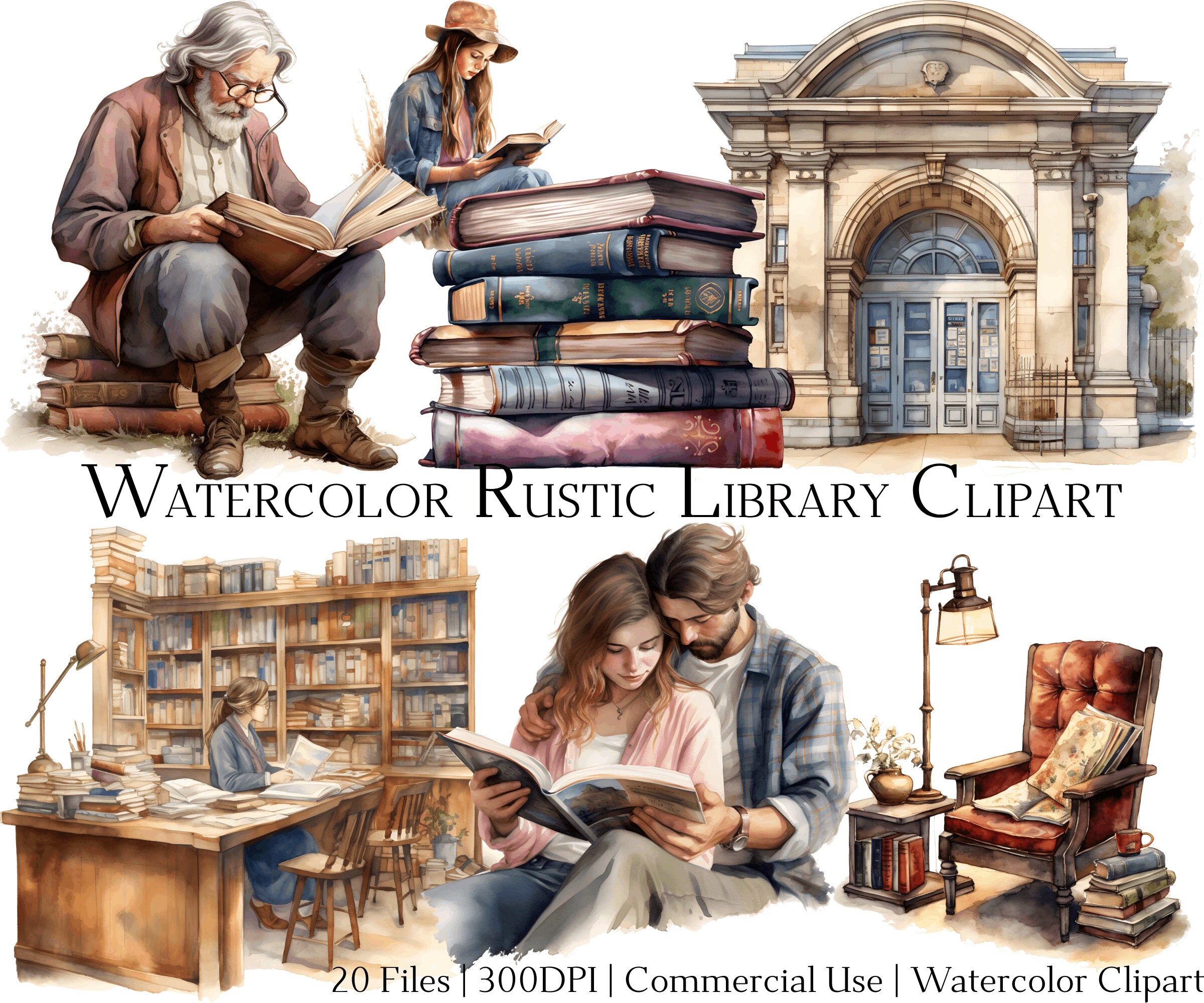 Watercolor Rustic Library Clipart Set of 20 Files With Instant Download ...