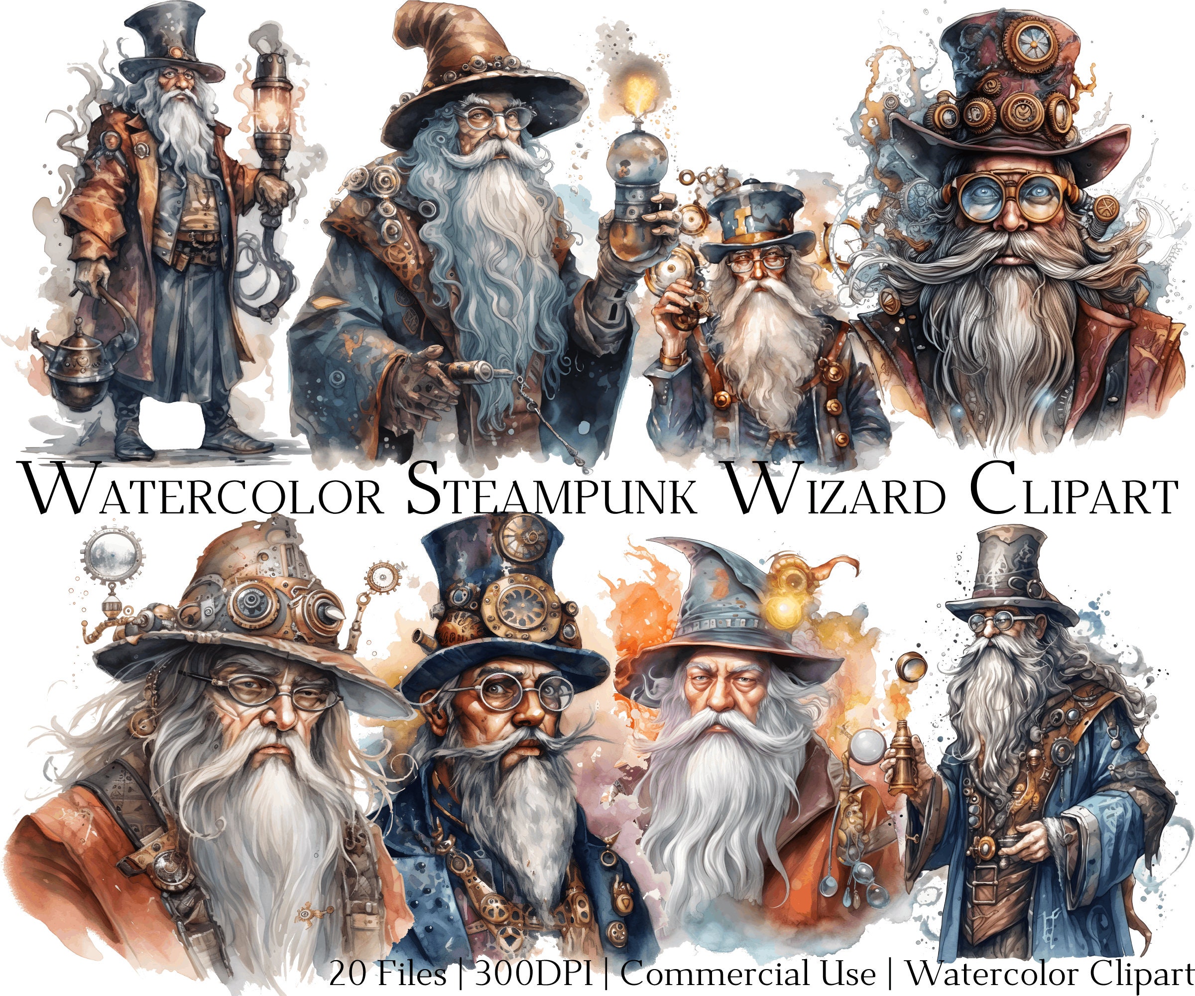 Watercolor Steampunk Wizards Clipart Set of 20 Files With Instant Download & Commercial Use, PNG ...
