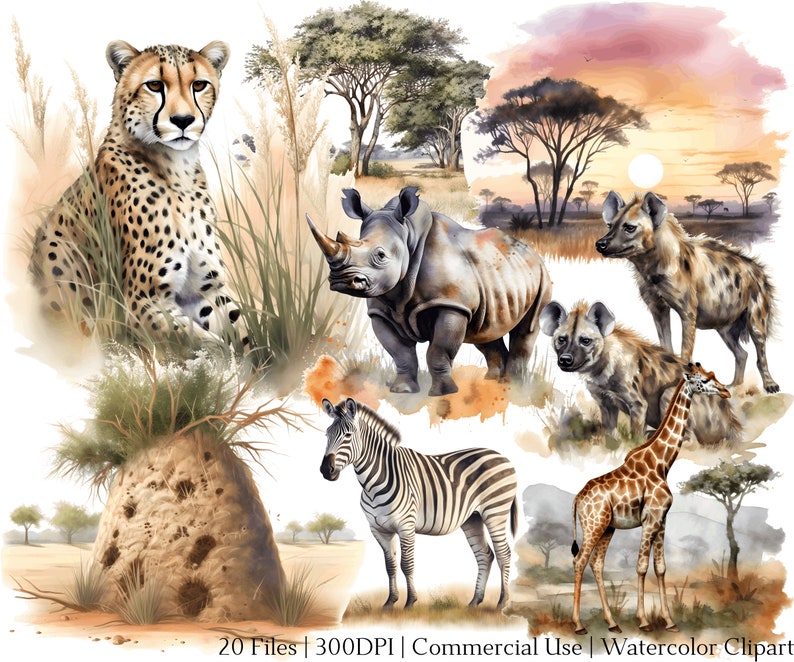 Watercolor Savanna Clipart Set: African Animals, Boho Art (PNG + PDF ...